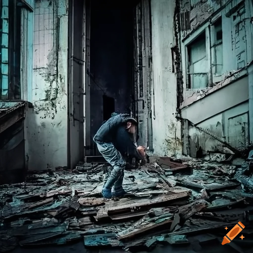 Photographer capturing a broken building in a deserted city on Craiyon