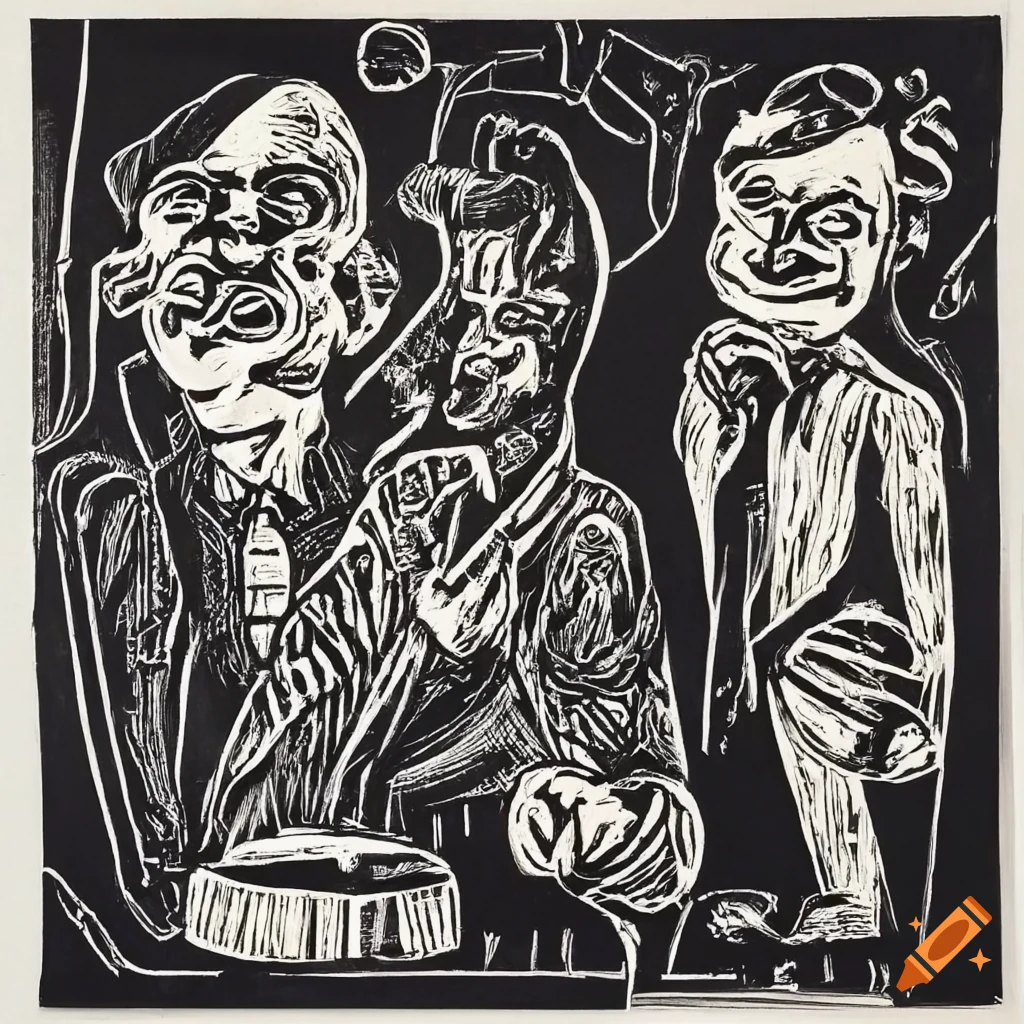 Surreal lino print with strange objects and men on Craiyon