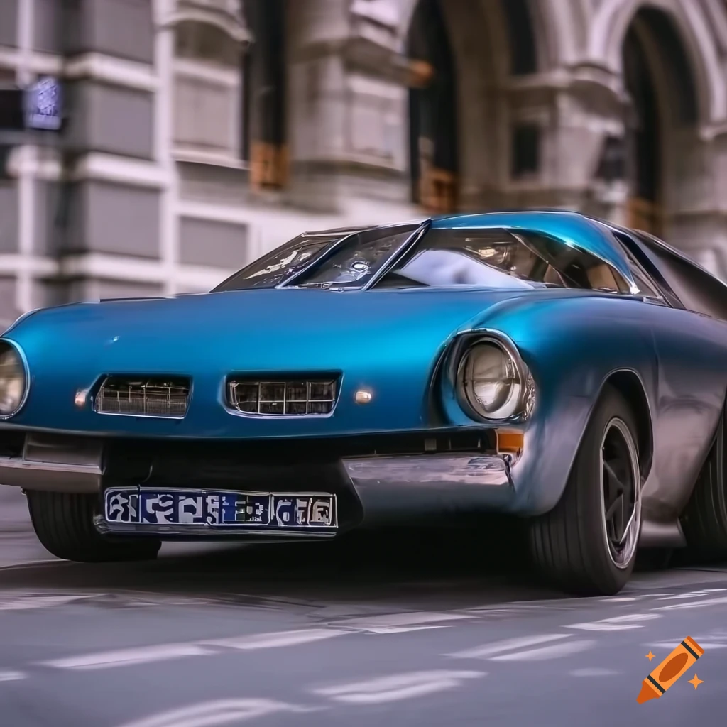 Retro-futuristic car with turbo-thrust jet engine parked in the city