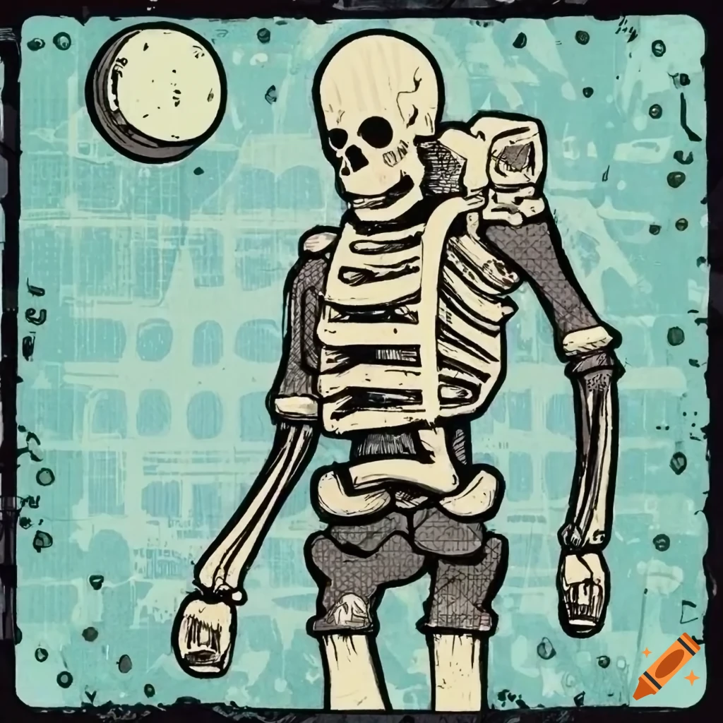 Retro comic-style illustration of a skeleton in a space suit