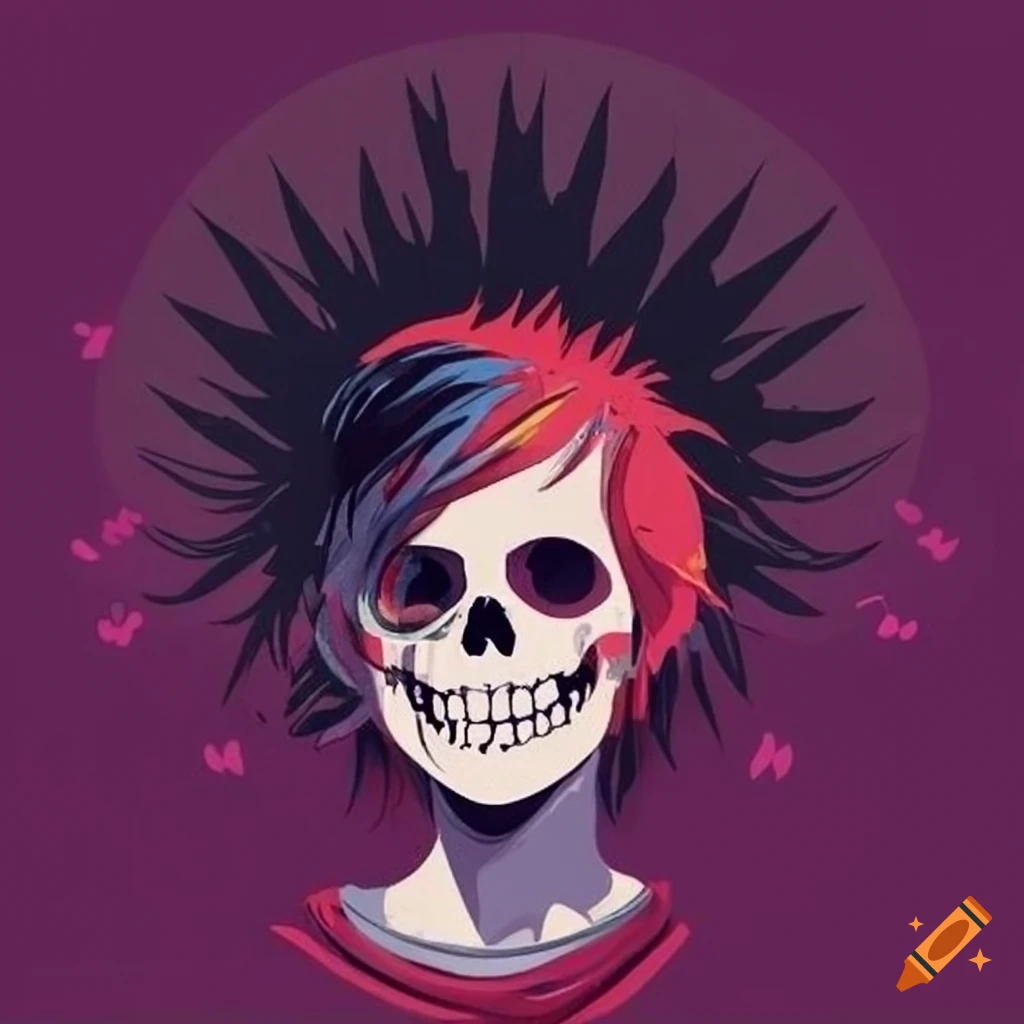 Rebellious punk skeleton with colorful mohawk and leather jacket on Craiyon