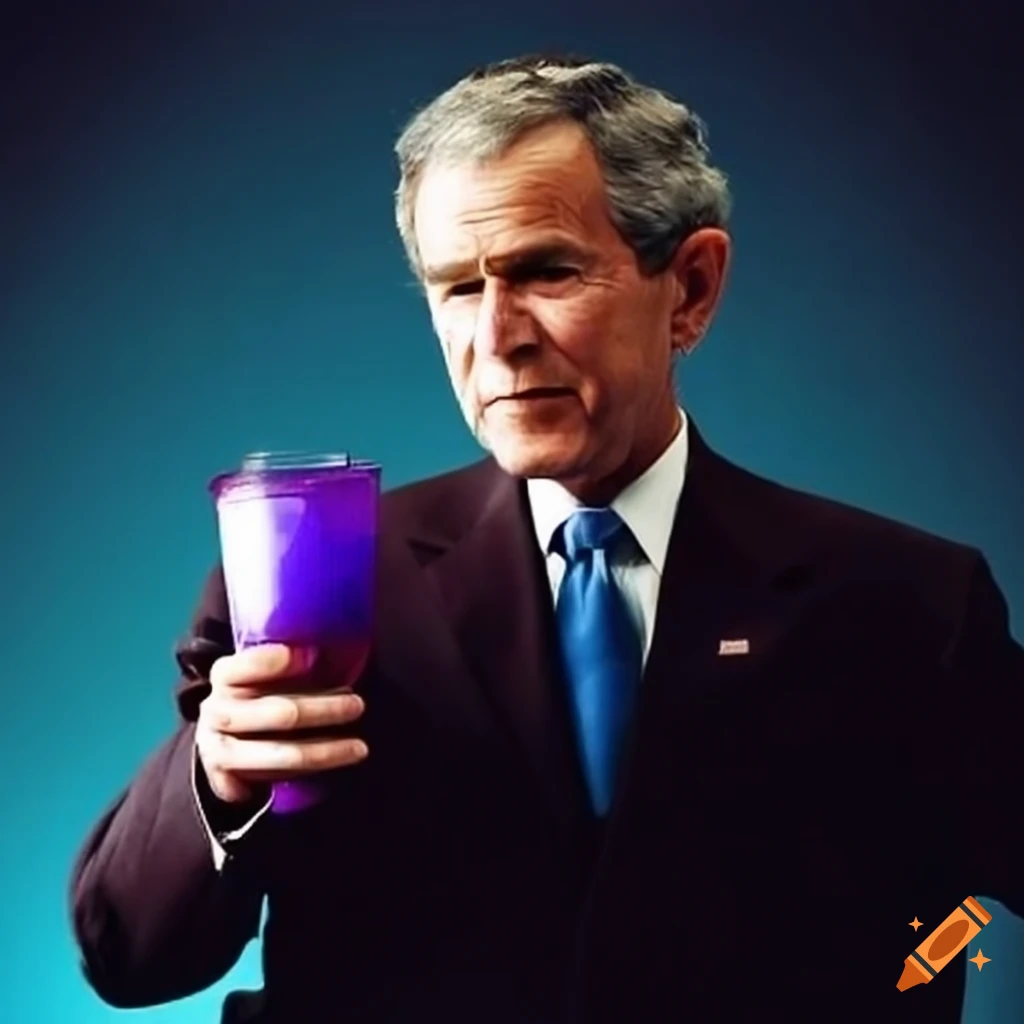 President Bush in cowboy outfit holding a purple drink on Craiyon