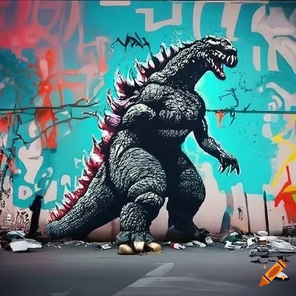 Graffiti street art of godzilla climbing a mountain on Craiyon