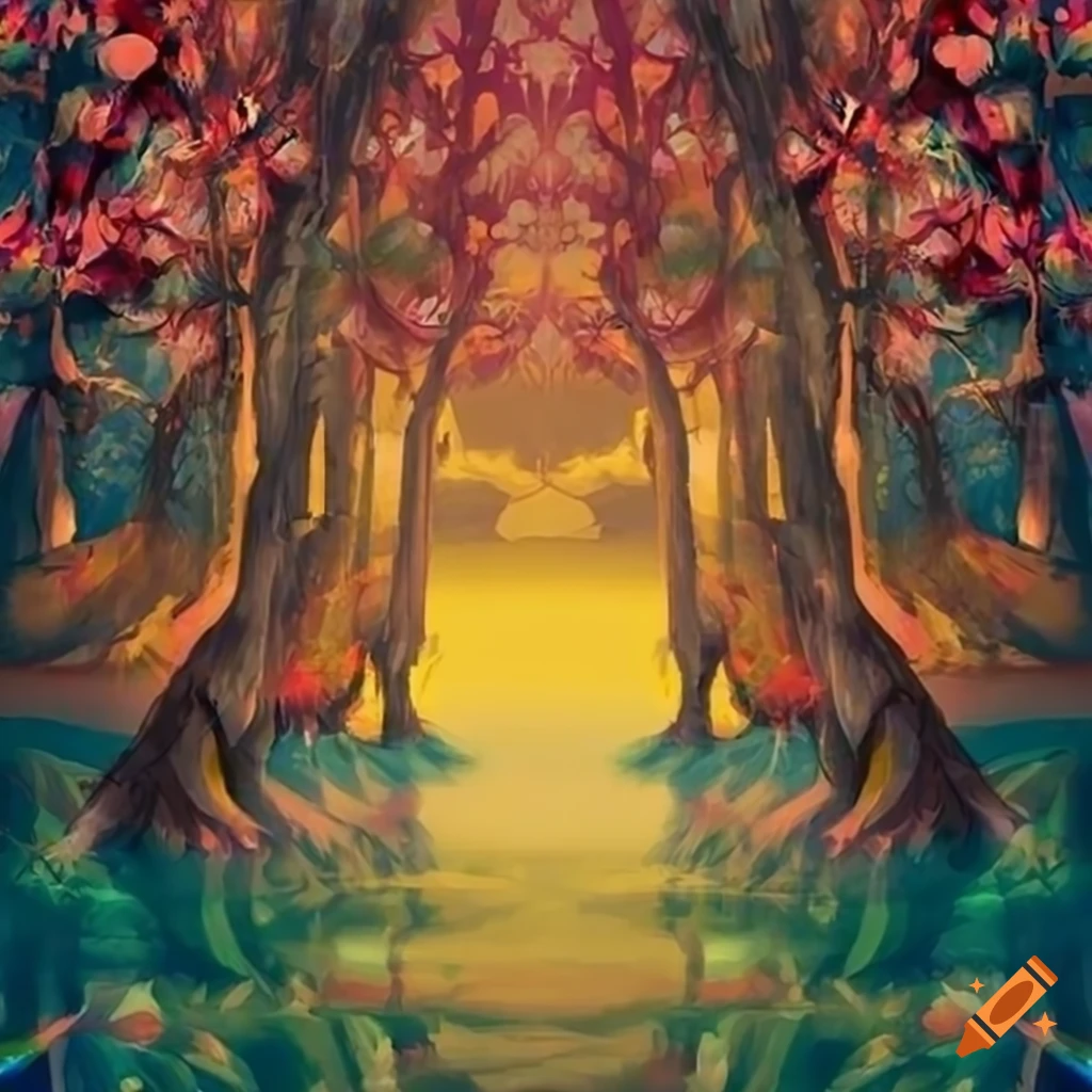 Yellow and red star leaves in a magical forest on Craiyon