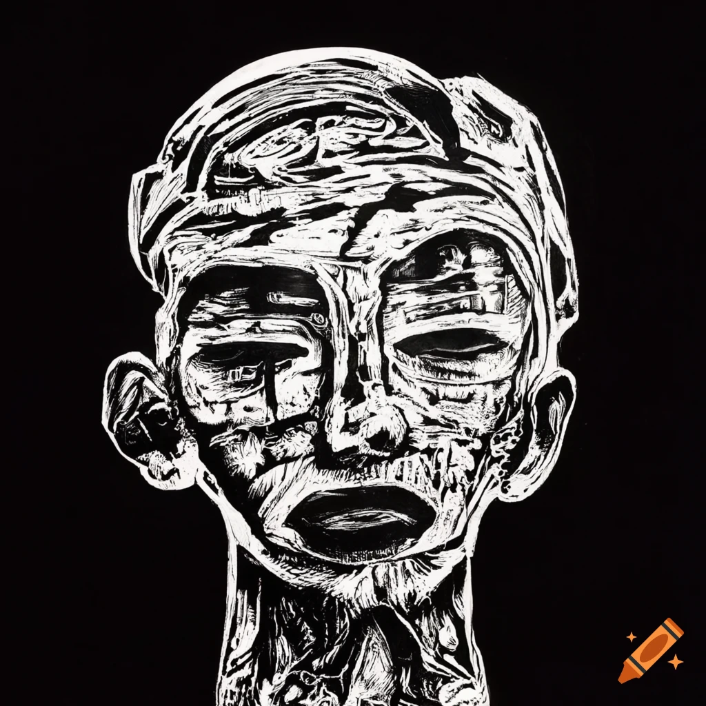 Surreal lino print of men surrounded by mysterious objects on Craiyon