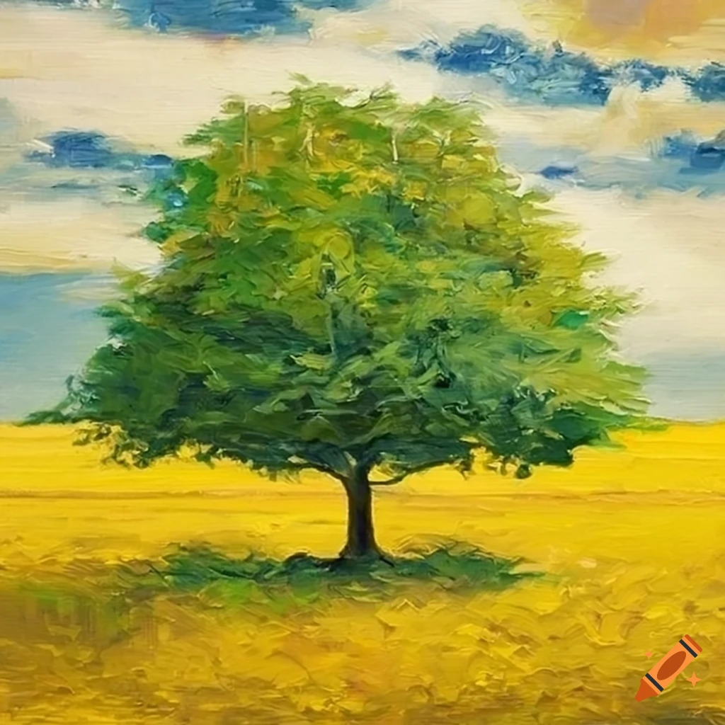 Detailed oil painting of a green tree in a yellow field on Craiyon