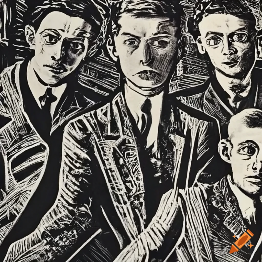 Linocut print depicting men in groups on Craiyon