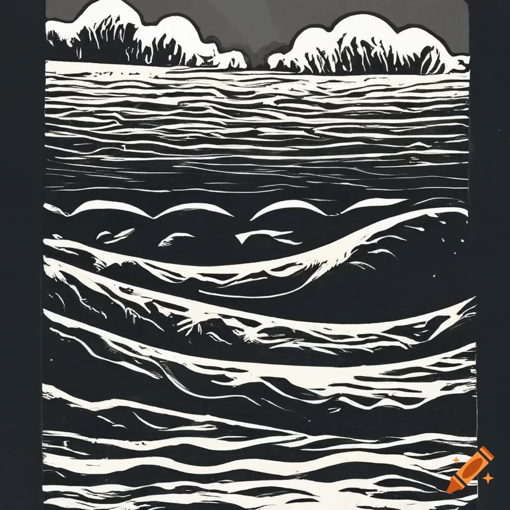 Woodcut print of waves on the shore
