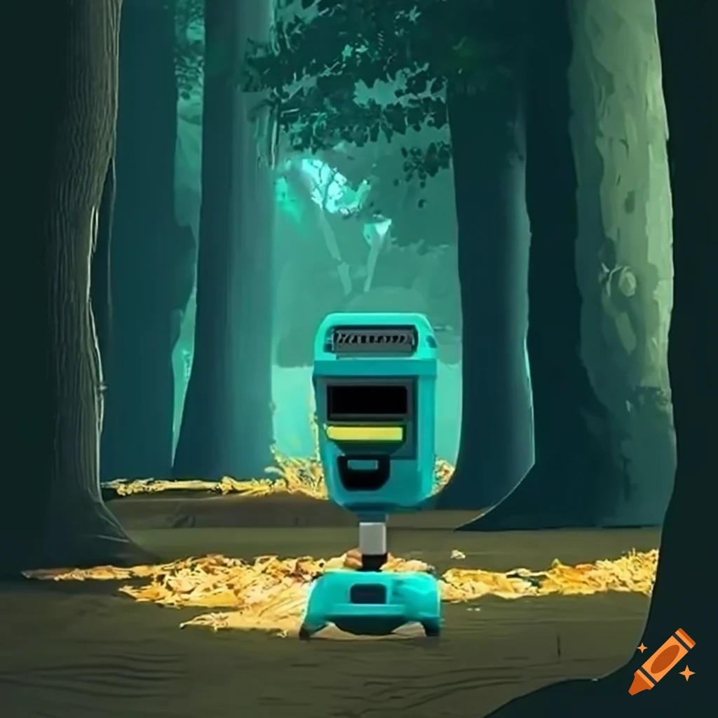 Upscale trashbot cleaning leaves under the trees on Craiyon