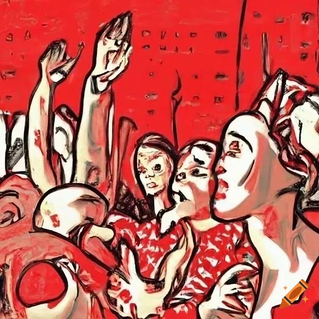 Crowd in a revolution factory with a red flag on Craiyon