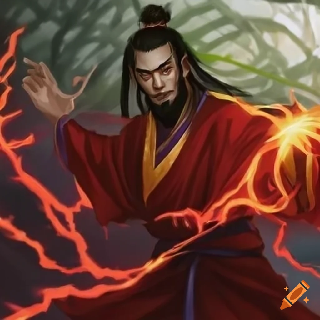 Illustration of an Asian elf male with red lightning magic on Craiyon