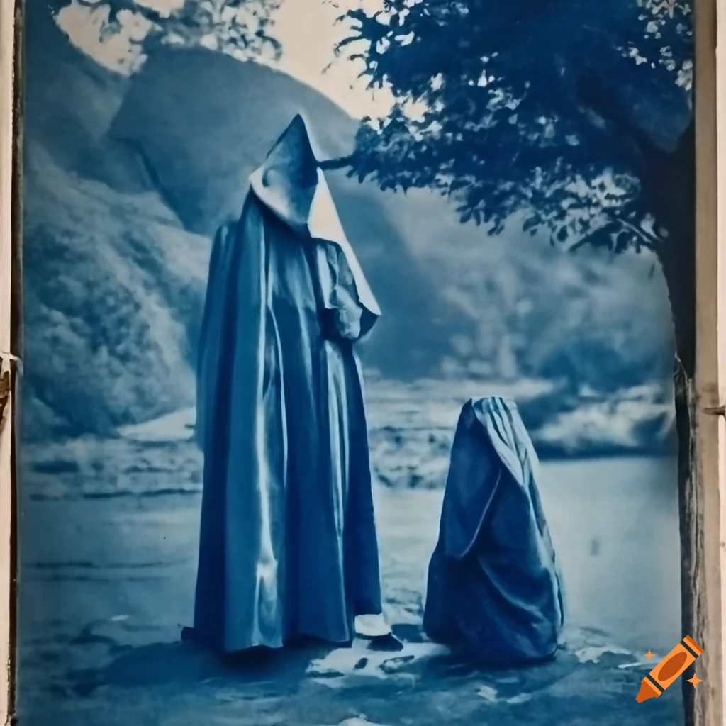 Catholic Penitents wearing robes and hoods under a tree on Craiyon