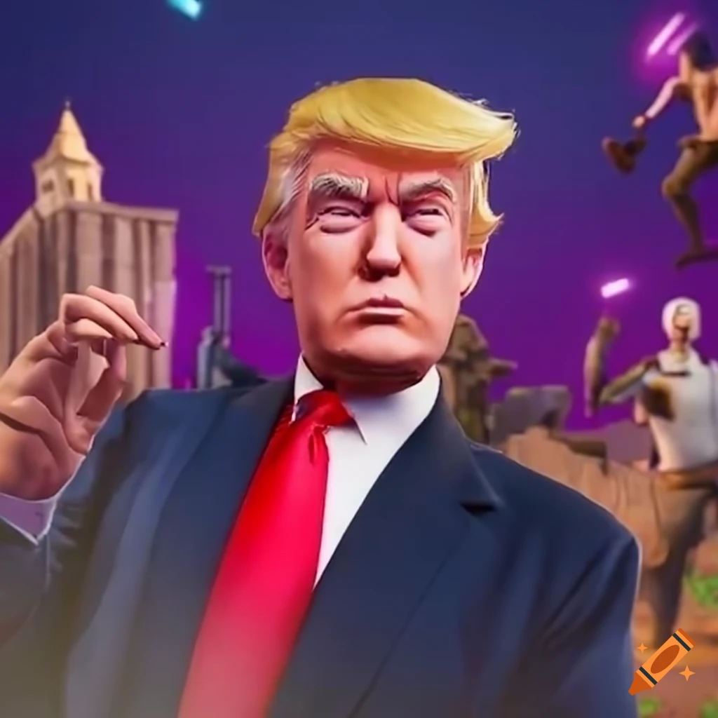 Satirical illustration of Donald Trump in Fortnite on Craiyon