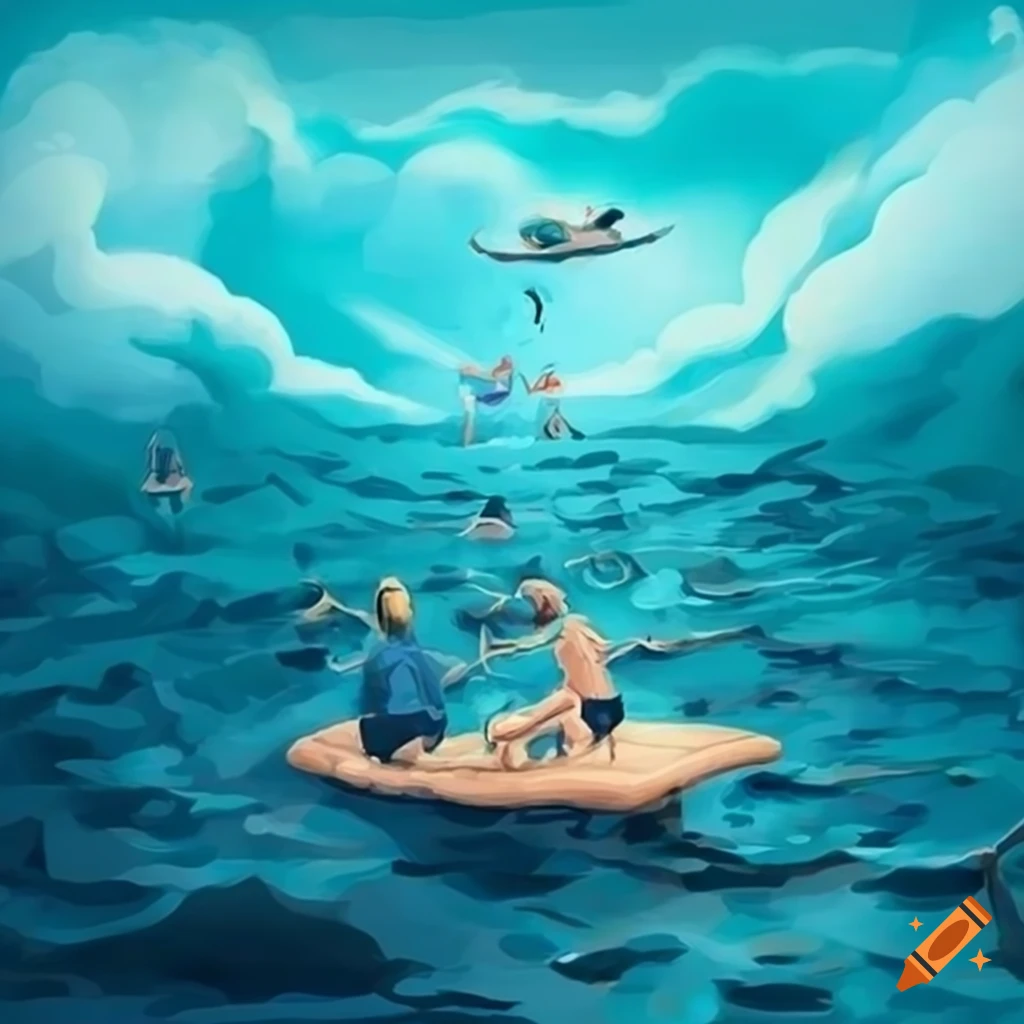 Illustration of people in a raft braving a storm on Craiyon