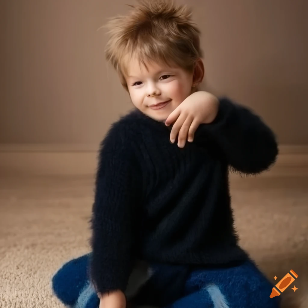 Stylish boy with fuzzy hair and mohair sweater on Craiyon