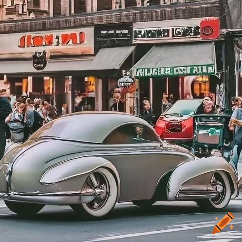 Photo of a futuristic 1940's style car on a busy street on Craiyon
