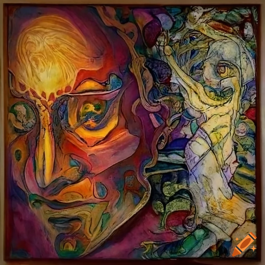 Block-print of an artist-magician in a rustic studio on Craiyon