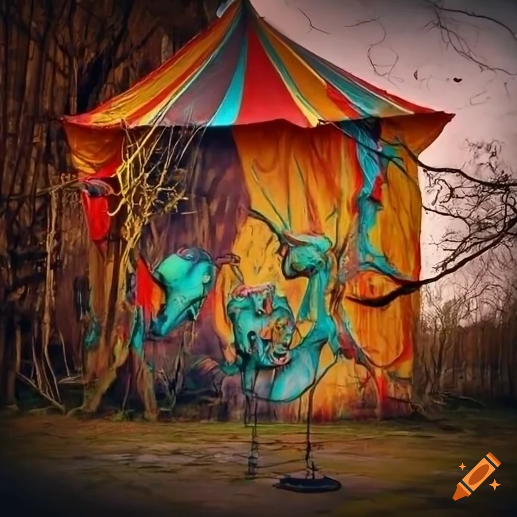 Surreal circus park with hybrid creatures and graffiti