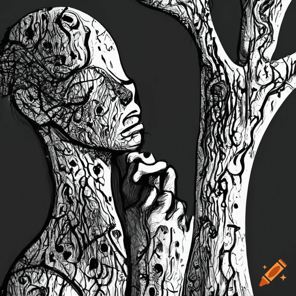 Hand-drawn surrealistic depiction of a human figure in a forest