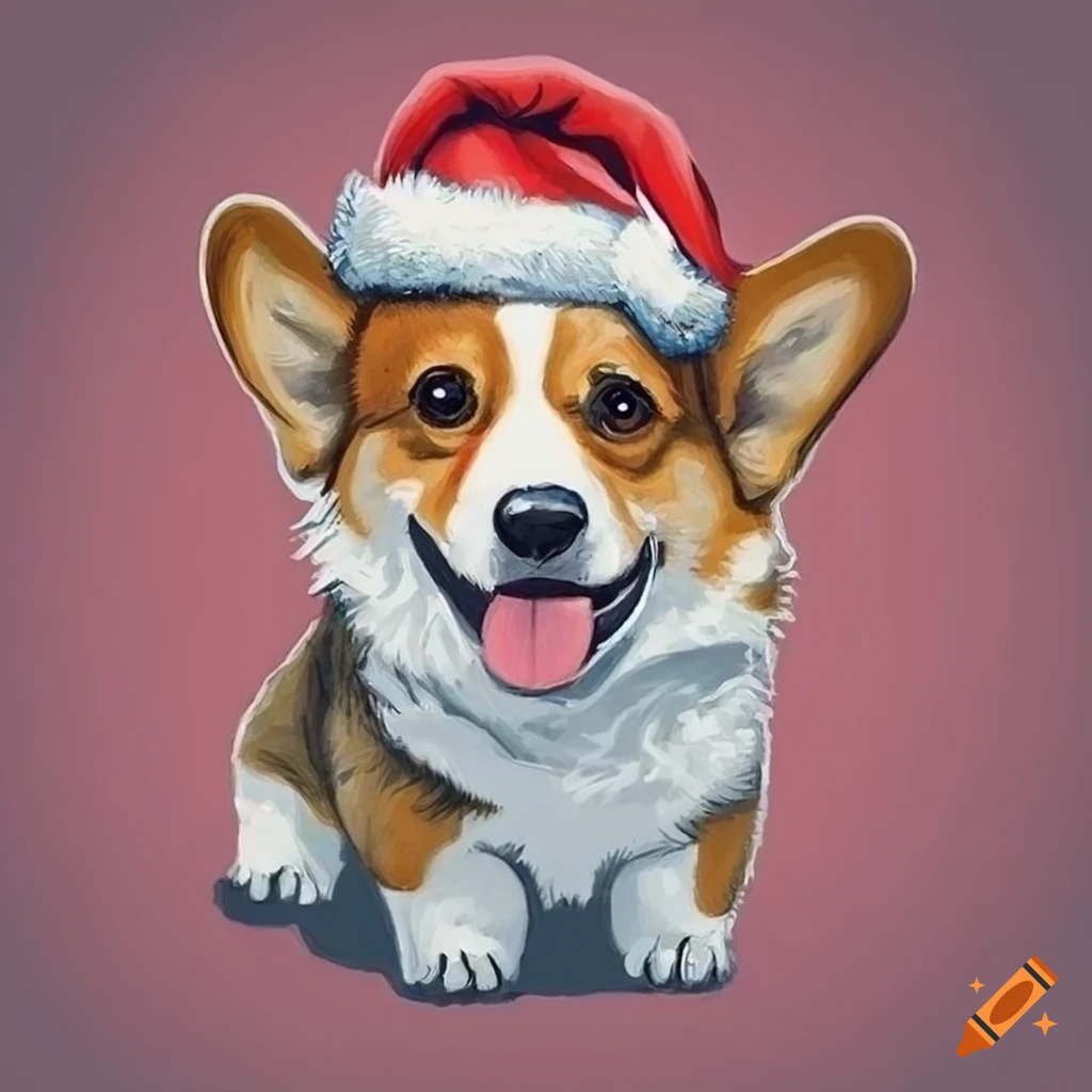 Festive drawing of a corgi wearing a santa claus hat on Craiyon