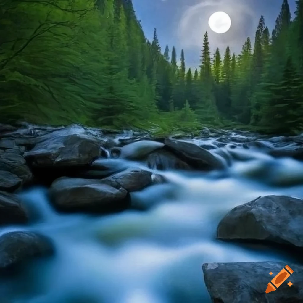 Moonlit rocky mountain stream painting on Craiyon