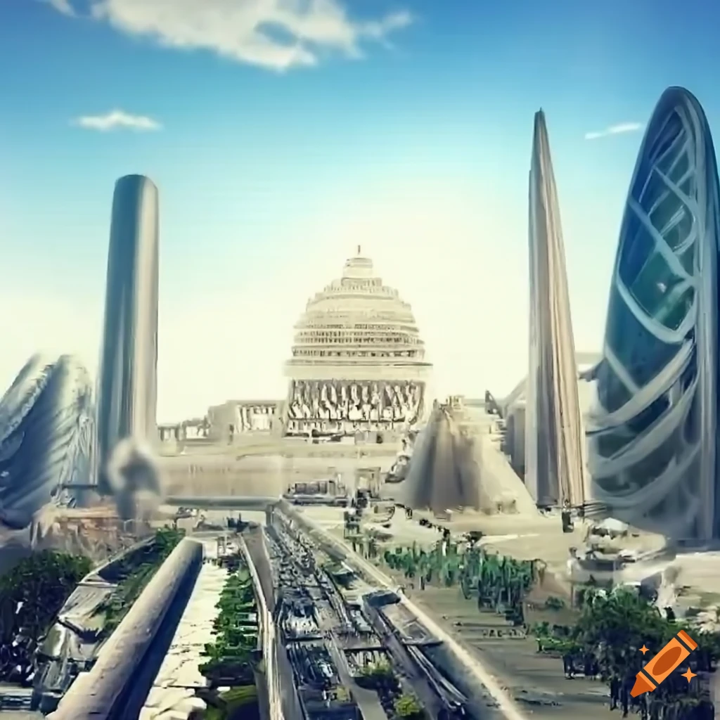 Photorealistic futuristic city skyline with Roman architecture on Craiyon