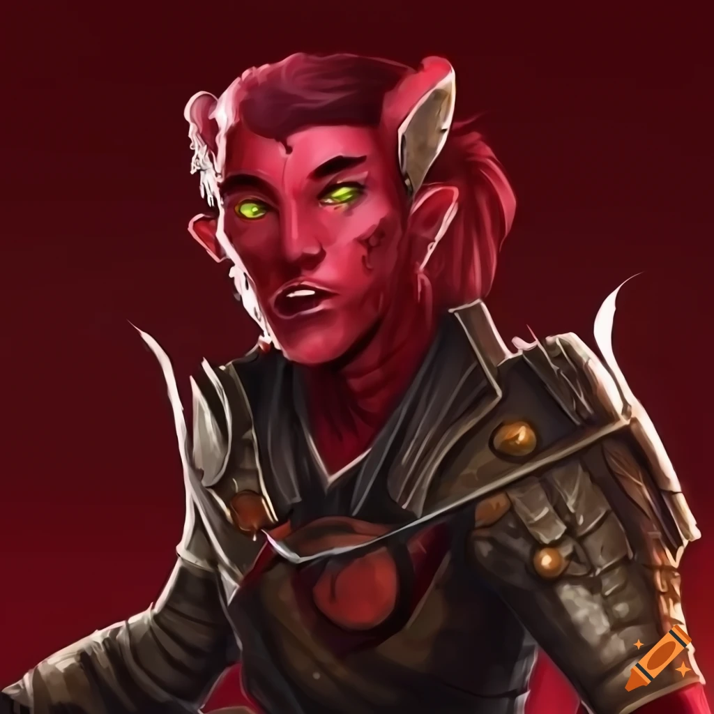 Image of a male red tiefling bard in armor