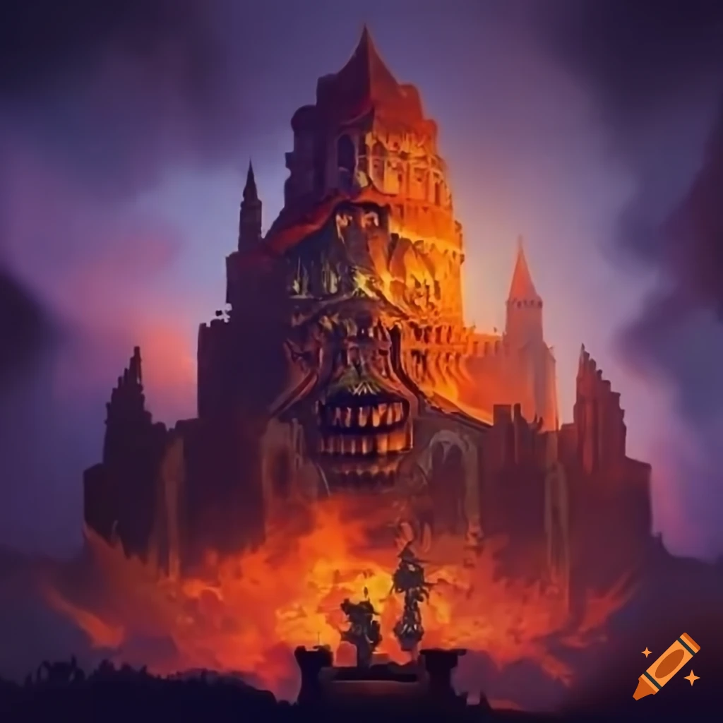 Dark and mysterious palace facade with fire and statues on Craiyon