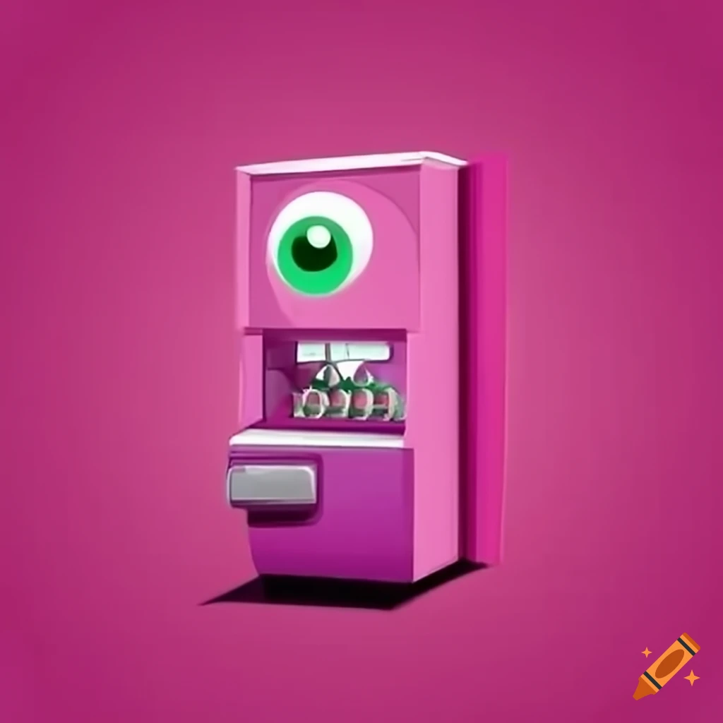 Pink animated cartoon vending machine pushing a shopping cart on Craiyon