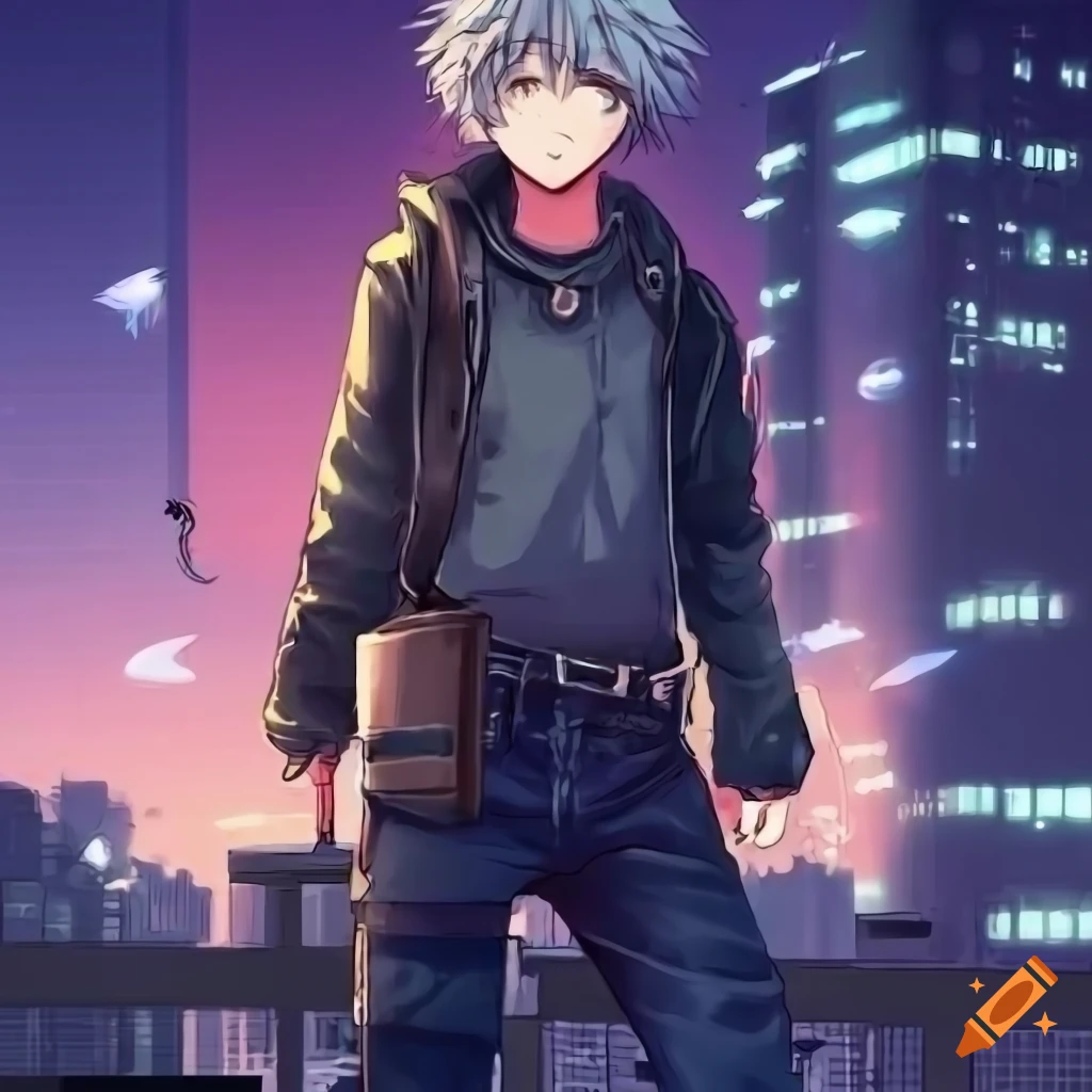 Illustration of a handsome game character with gray hair and electric ...