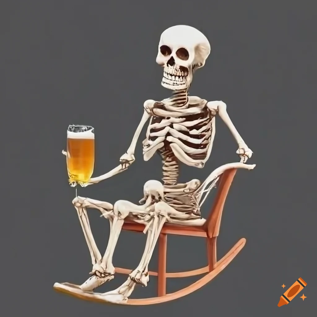 Humorous image of a skeleton enjoying a beer in a rocking chair on Craiyon