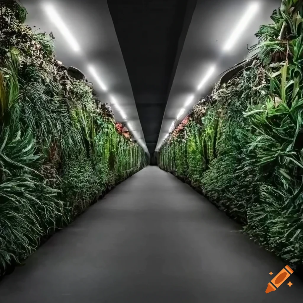 Hallway with dim lighting and wild plant decorations on Craiyon