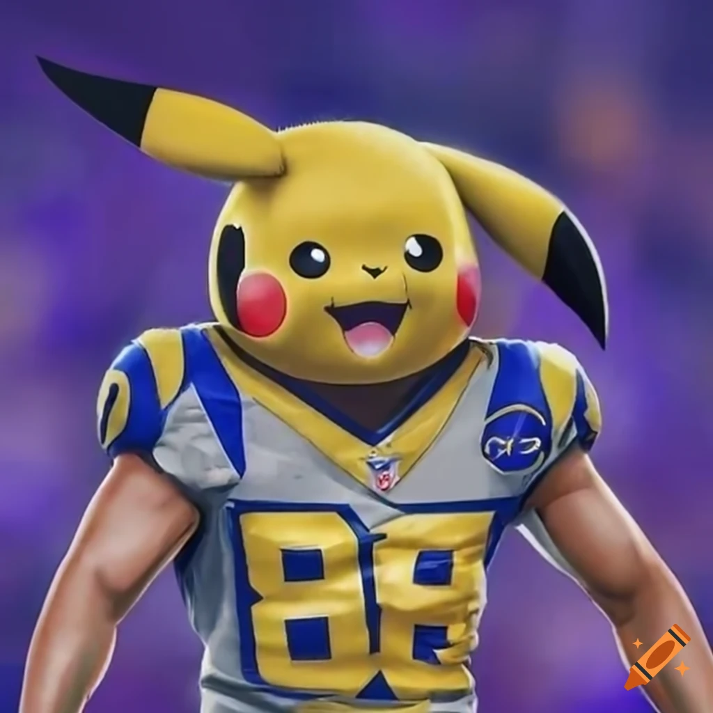 Mashup of puka nacua and pikachu in la rams nfl gear on Craiyon