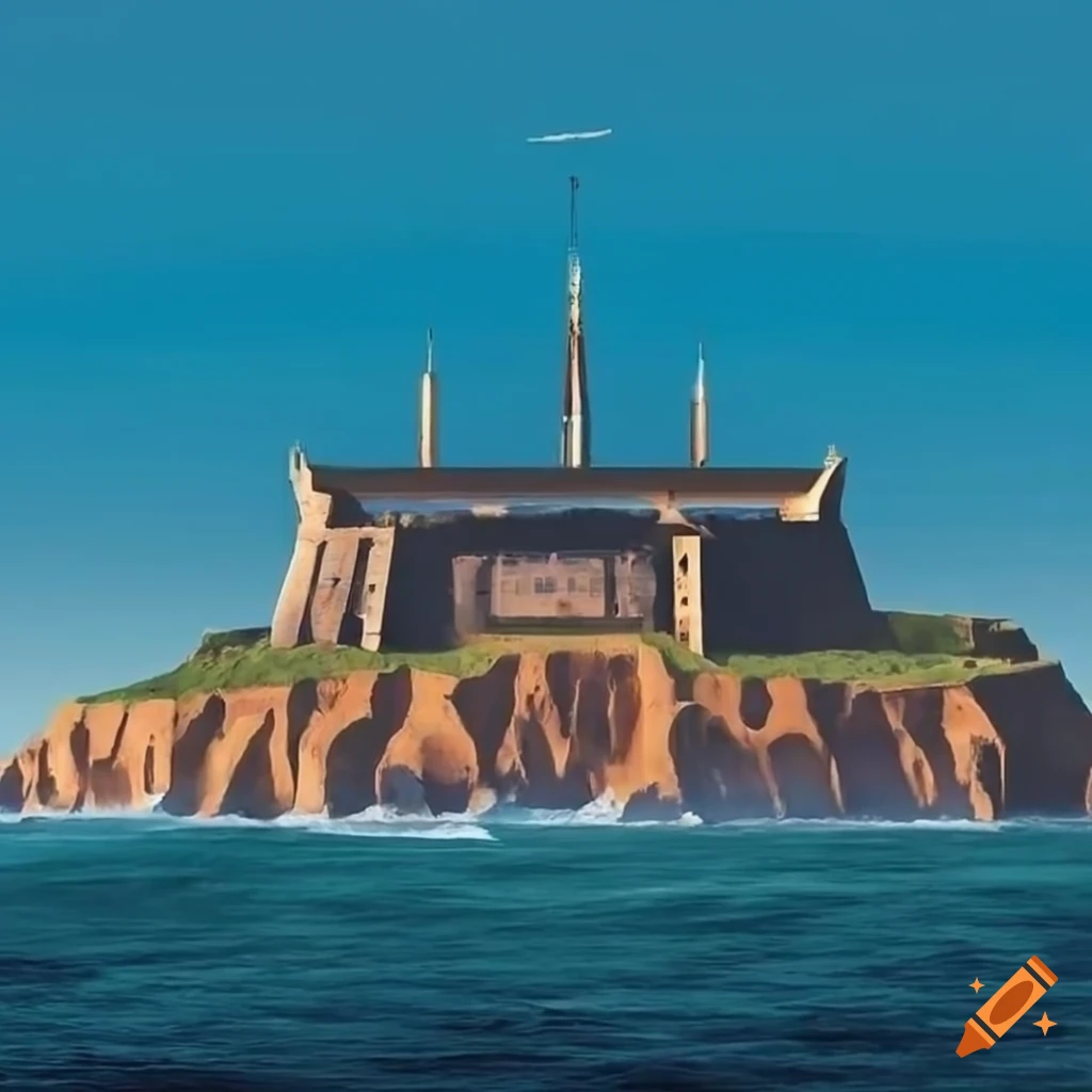 Artwork of a black metallic star fort overlooking the ocean on Craiyon