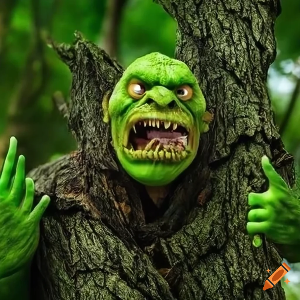 Hyper-realistic sculpture of a humanoid made from tree bark