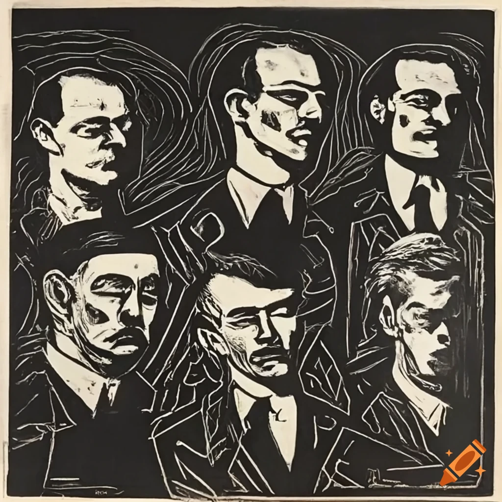 Lino print of men in group in the style of Max Beckmann and Otto Dix on ...
