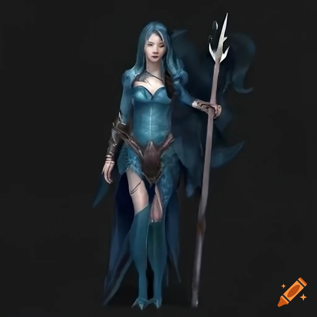 Character design of a female sea elf with trident on Craiyon