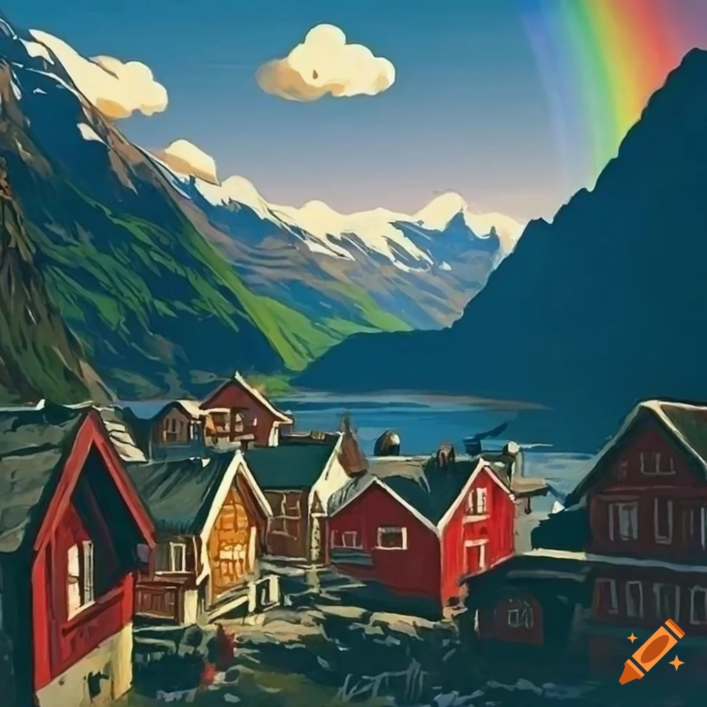 Artistic depiction of a cheerful norwegian village in a mountain valley ...
