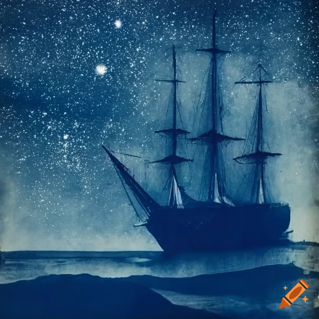 Cyanotype of a sailing ship under starry night sky on Craiyon