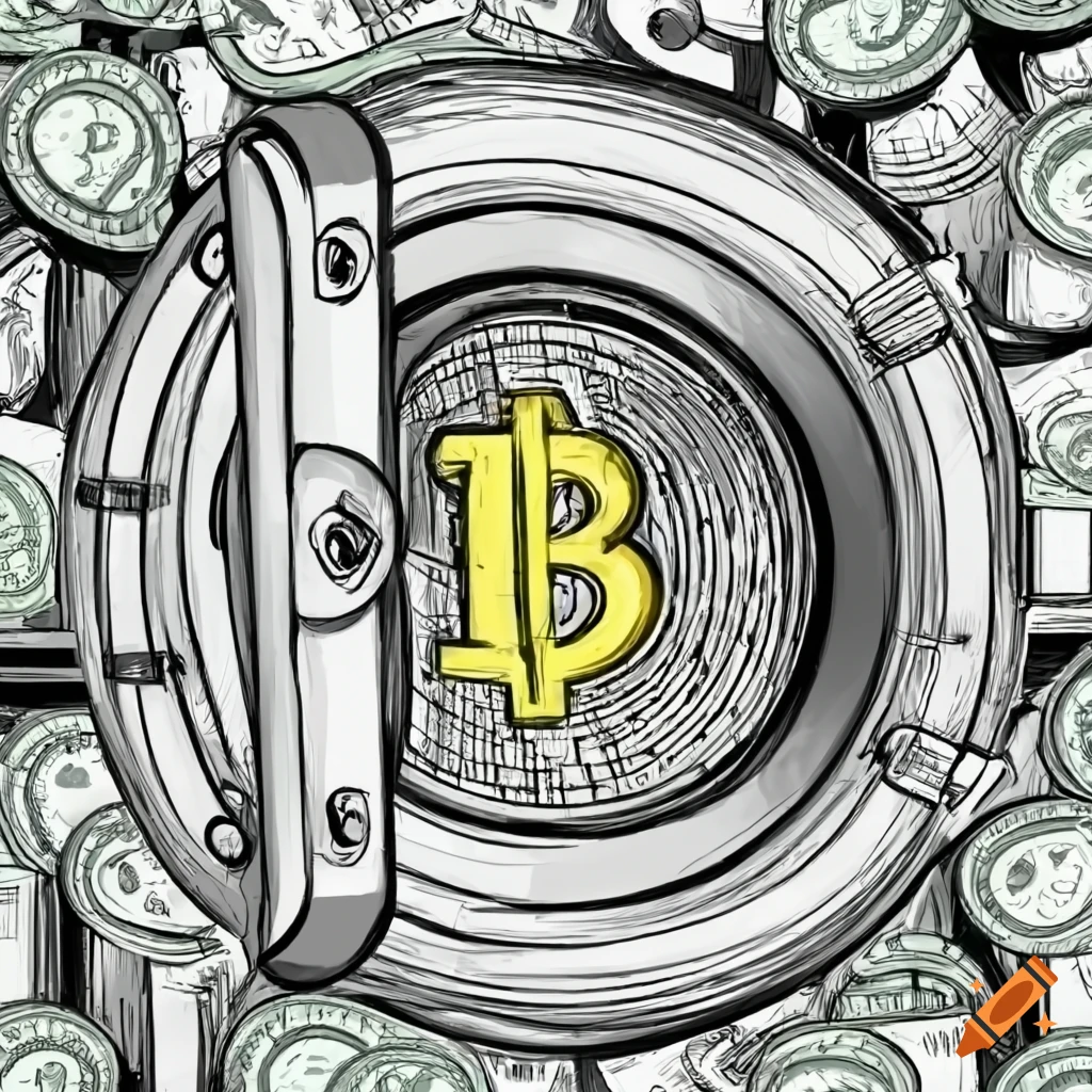 Cartoon illustration of a vault with cryptocurrency on Craiyon