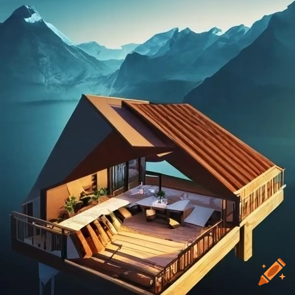 Architectural plans of a restaurant with mountain views on Craiyon