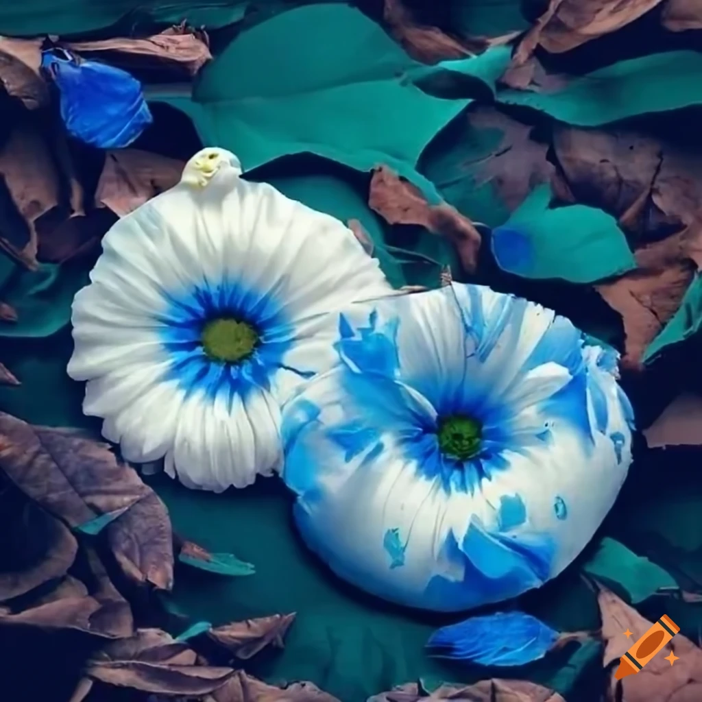 White and blue flowers on dead leaves on Craiyon