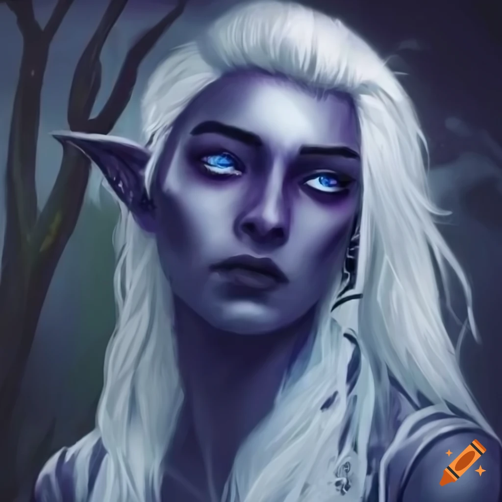 Genasi male, slender, purple eyes, long white hair on Craiyon