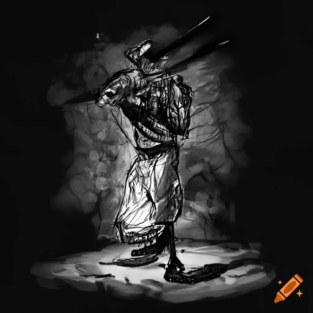 Sketch of a person fighting ghosts