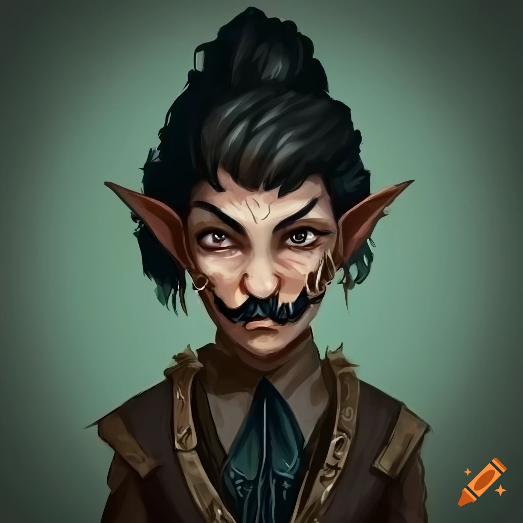 Portrait of a stylish gnome with black hair and a mustache on Craiyon