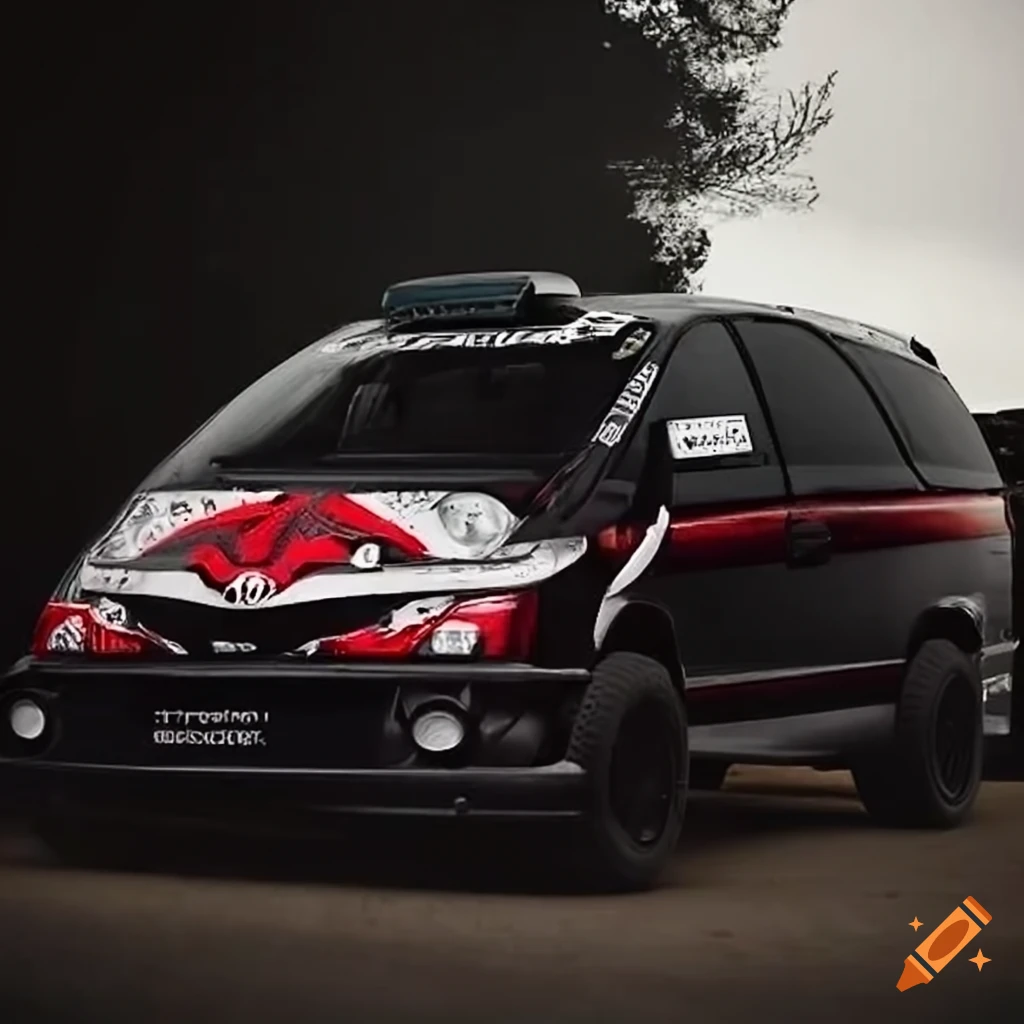 Toyota Previa rally car power sliding on a sharp turn on Craiyon