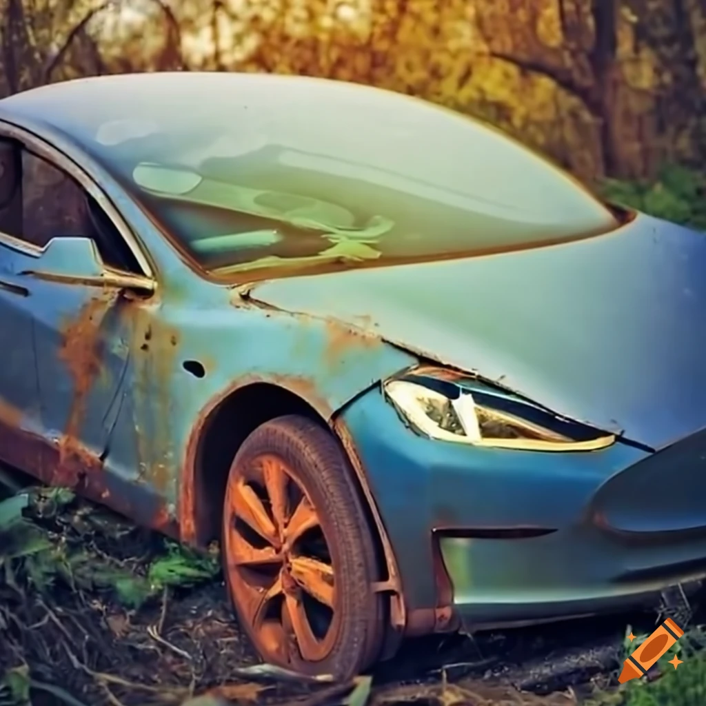 Rusty and abandoned tesla car in a junkyard on Craiyon