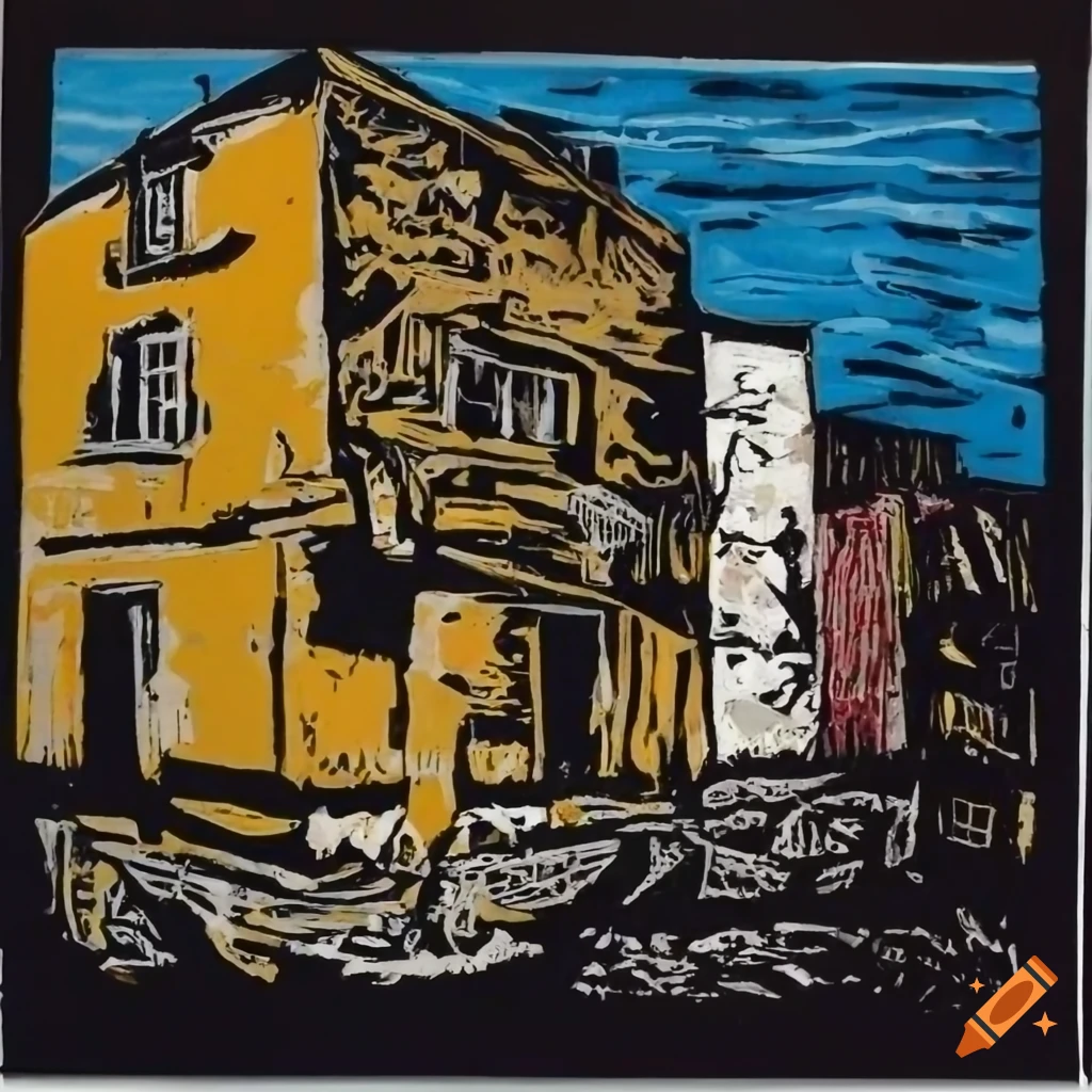 Colorful lino print of men constructing a house on Craiyon