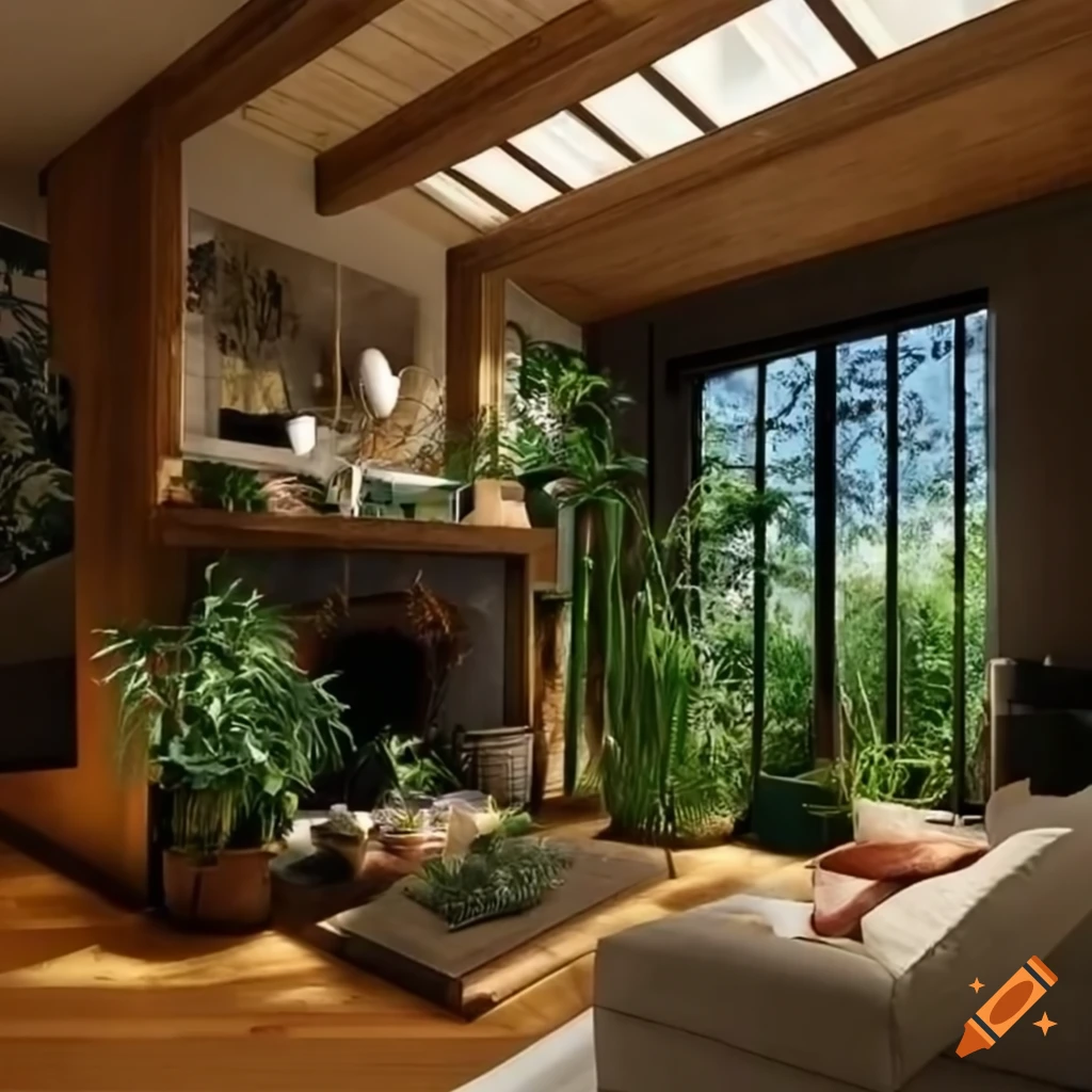 Ecobrutalist house interior with plants and floral accents