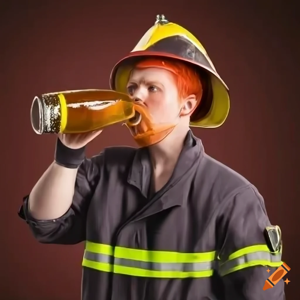 Redhead firefighter enjoying a drink on Craiyon